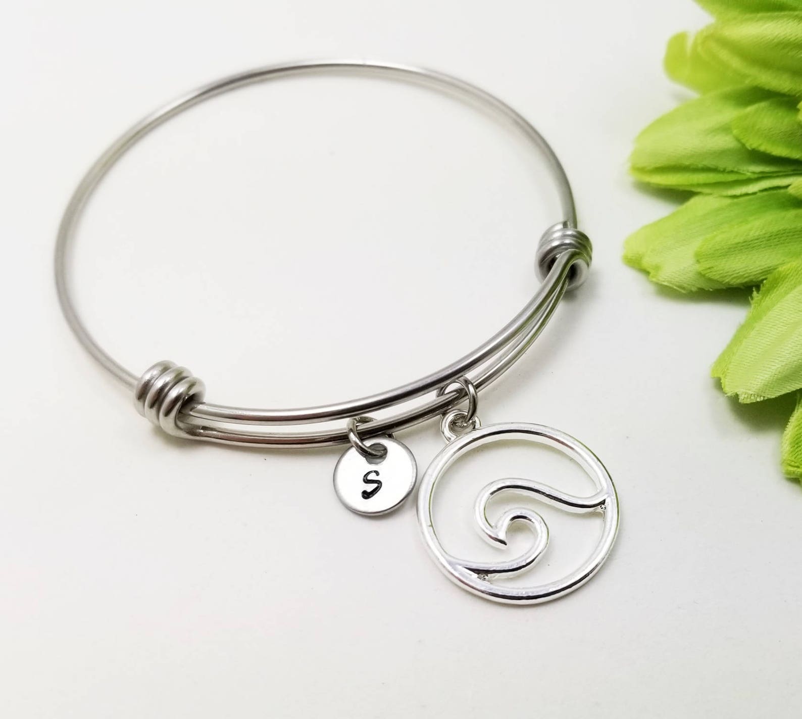 Wave Bangle Ocean Wave Bracelet Initial Bracelet | Etsy