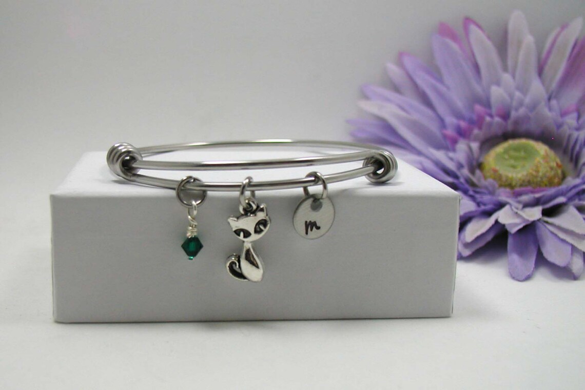 Cat Bracelet Bangle Birthstone Jewelry Initial Charm - Etsy