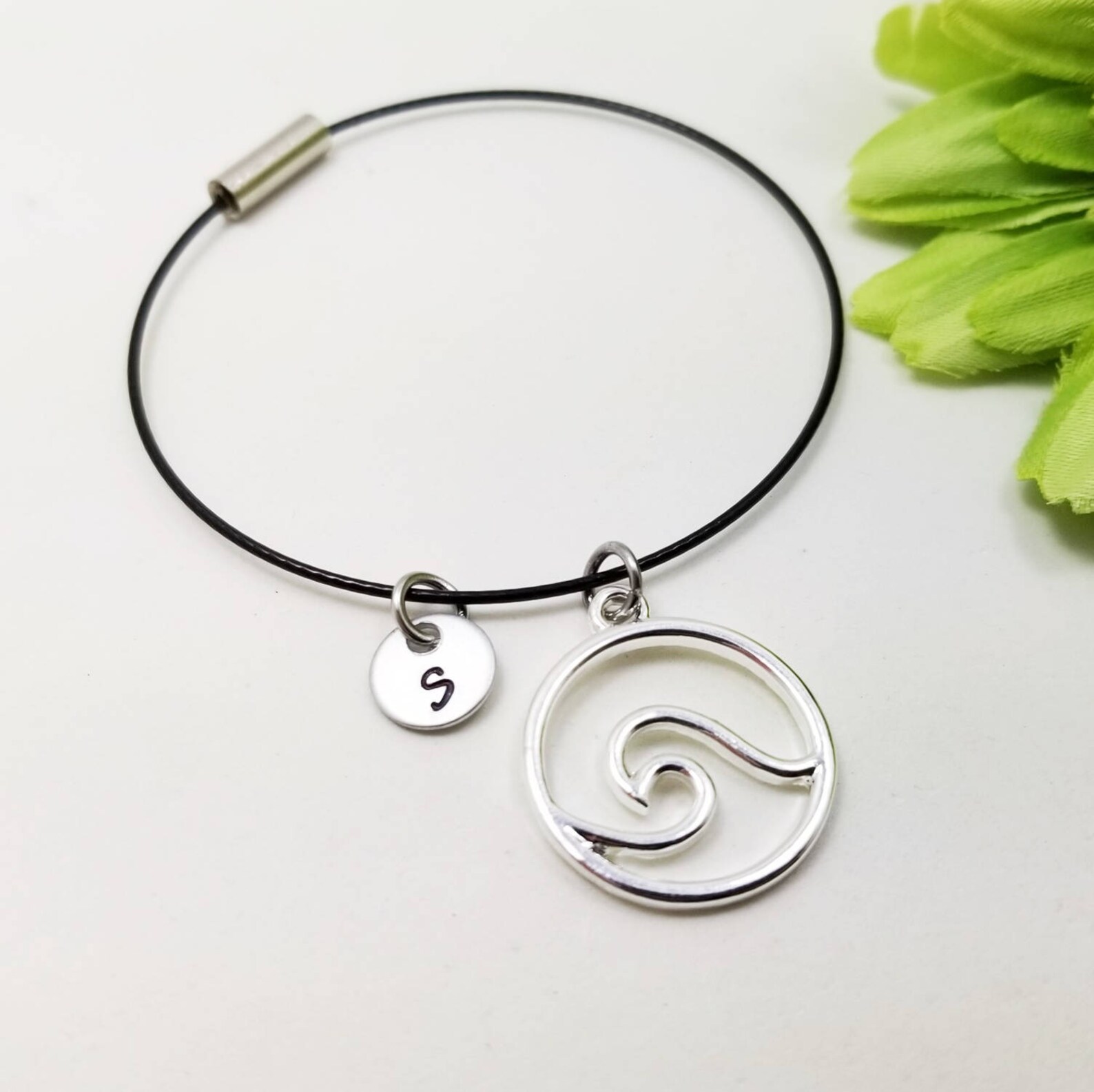 Ocean Wave Bangle, Wave Bracelet, Initial Bracelet, Personalized ...