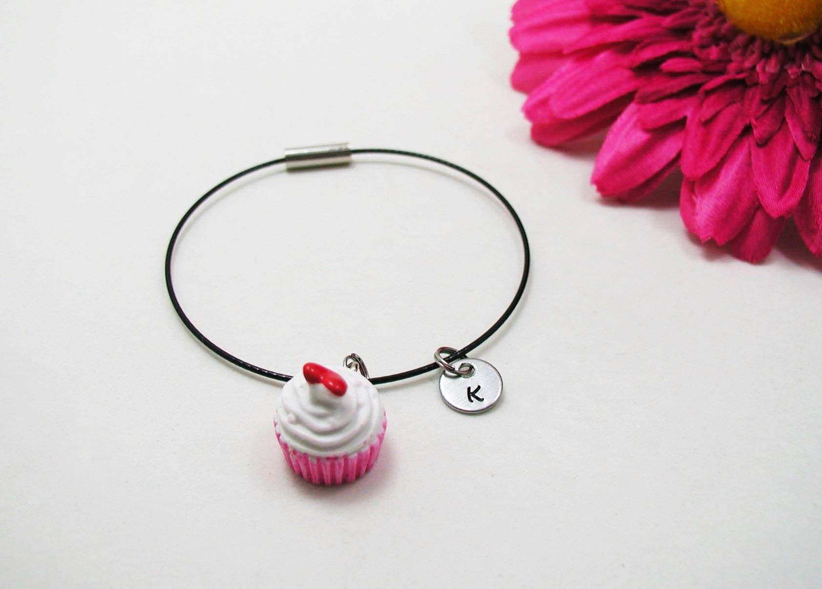 Cupcake Bracelet, Cupcake Charm Bangle, Initial Charm, Chef Jewelry ...