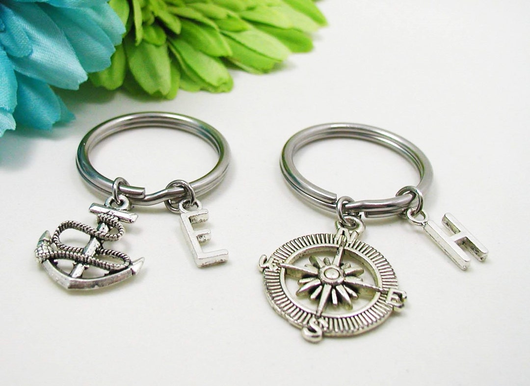 Two Nautical Charm Keychain Set, Compass Keychain, Anchor Keychain ...