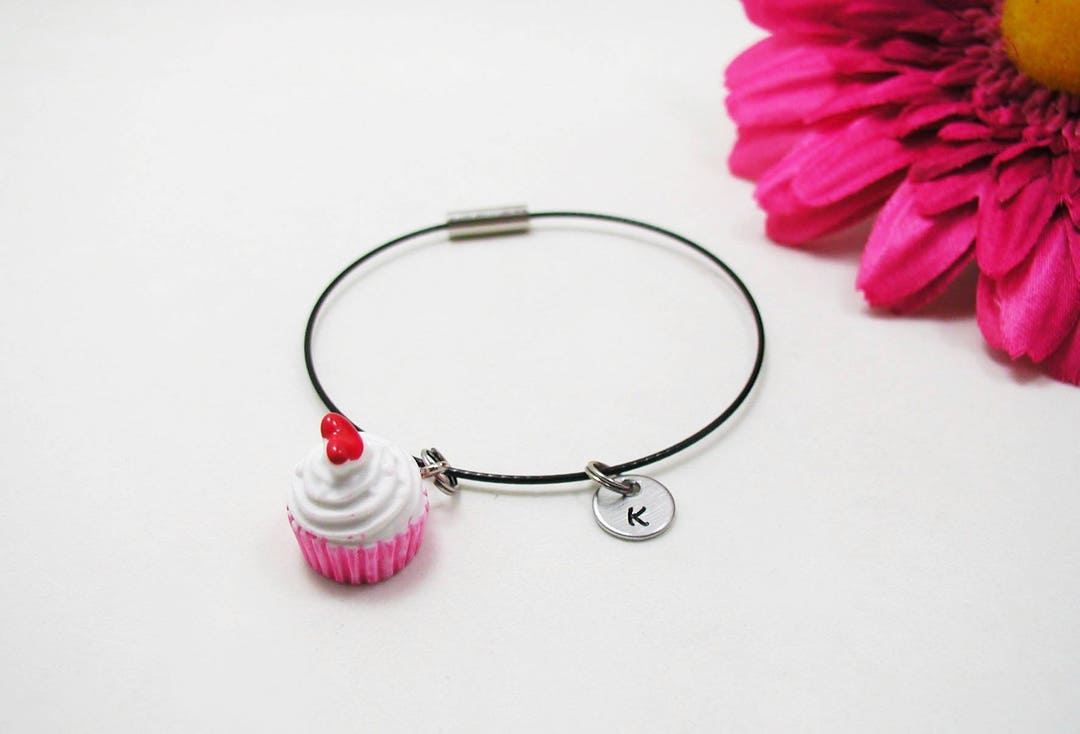 Cupcake Bracelet Cupcake Charm Bangle Initial Charm Chef - Etsy
