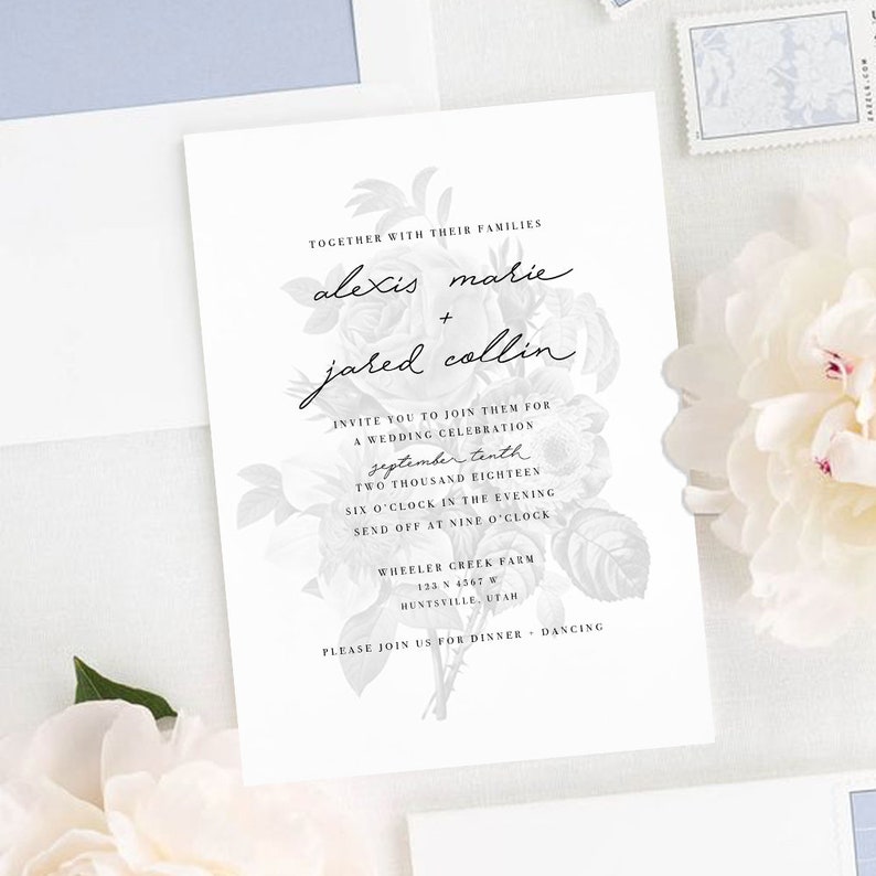 Vintage Floral Watermark Wedding Invitation | Etsy