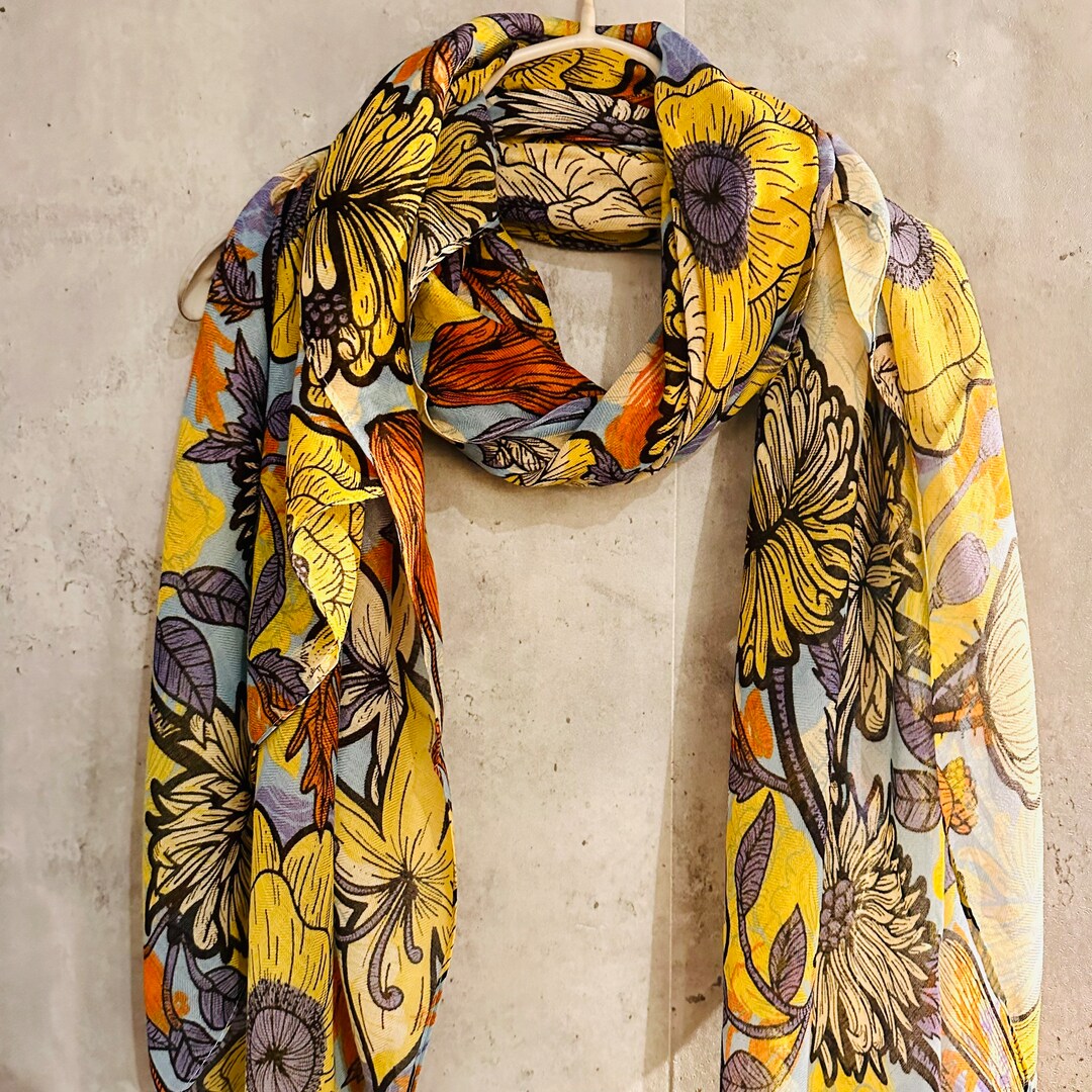 ECO Friendly Sketched Flowers Leaves Organic Cotton Yellow Scarf/spring ...