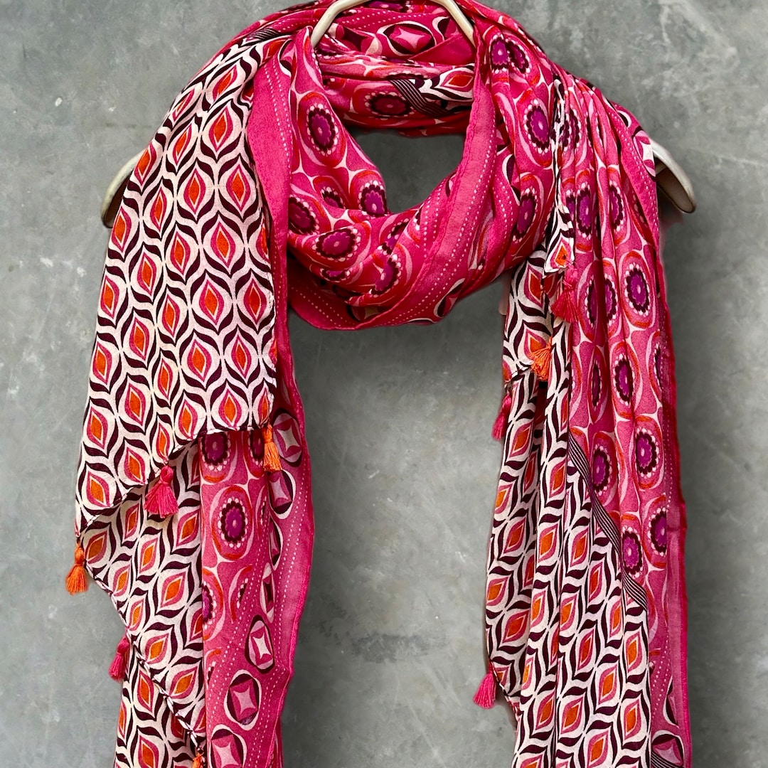 Pink Moroccan-inspired Geometric Pattern Scarf With Tassels,great Gifts ...