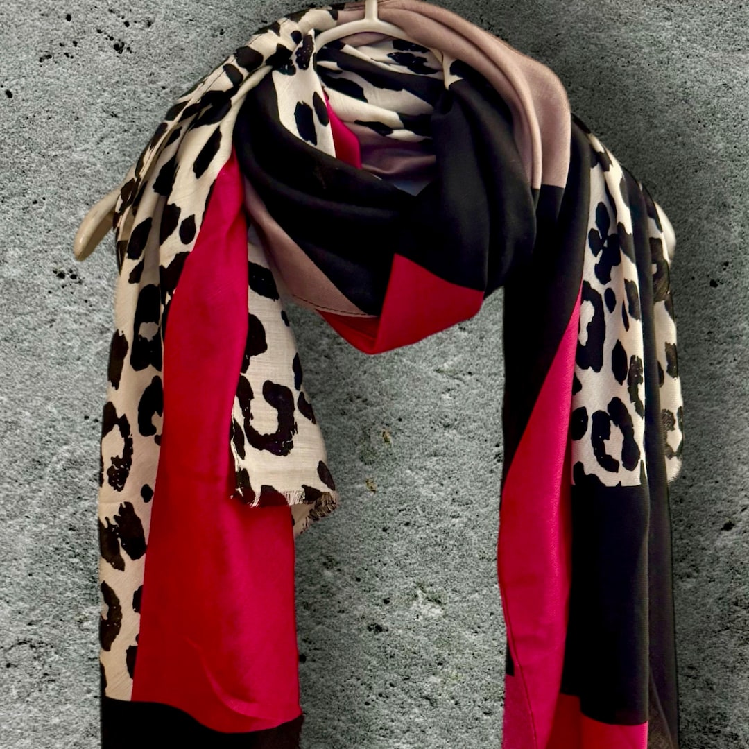 Women Scarf With Leopard Print and Color-block in Fuchsia Pink,black ...