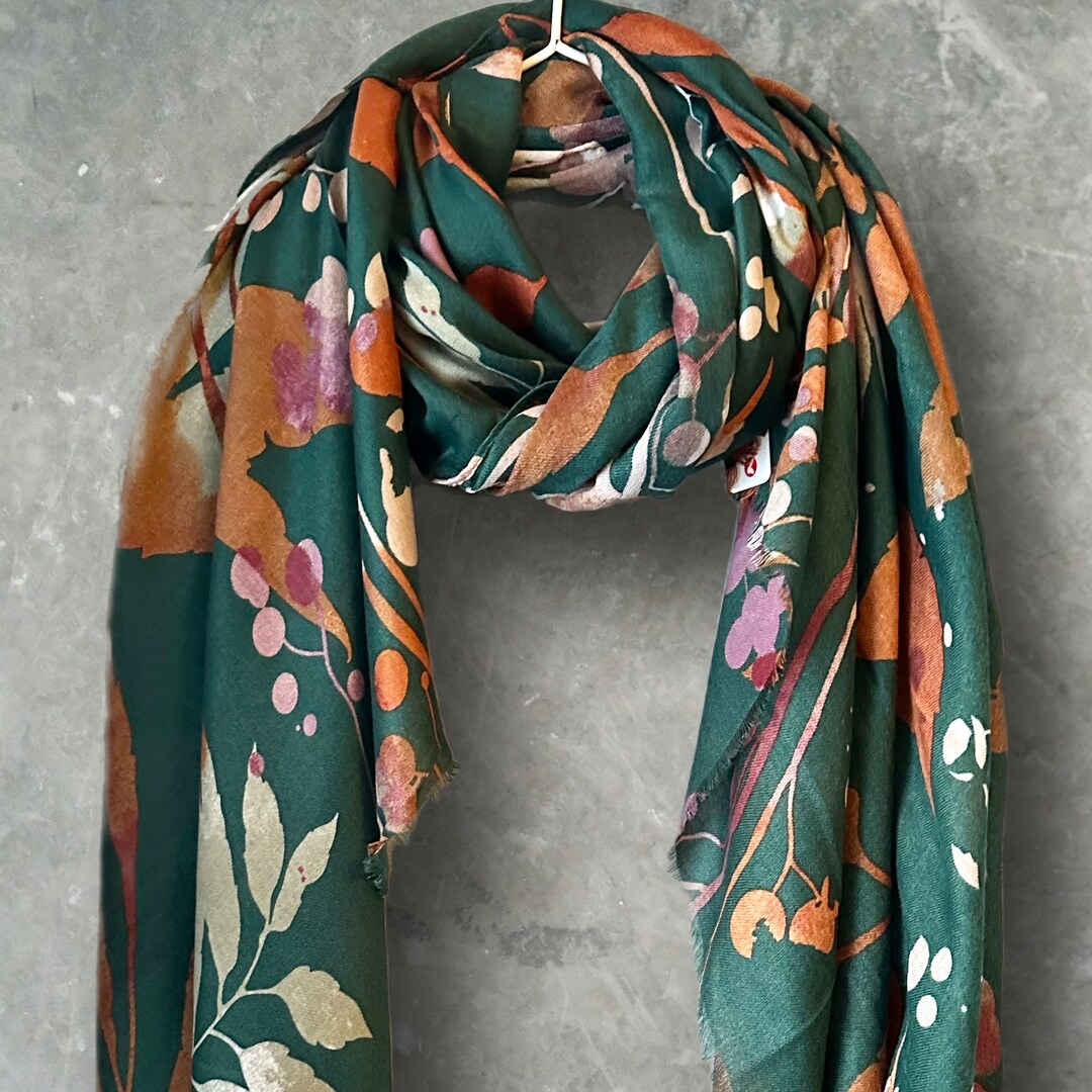 Watercolour Flowers Stem Green Cotton Scarf/summer Autumn Winter Scarf ...