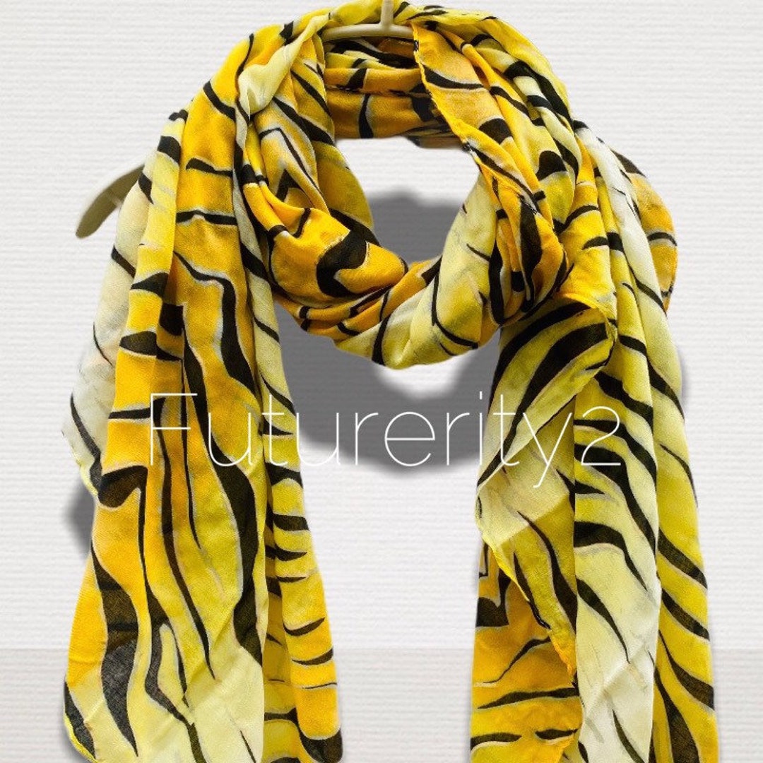 Tiger Print With Gold Accents Yellow Cotton Scarf/spring Summer Autumn ...