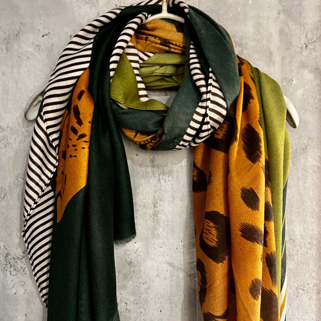 Geometric Leopard Pattern Green Brown Cotton Scarf/summer Autumn Scarf ...