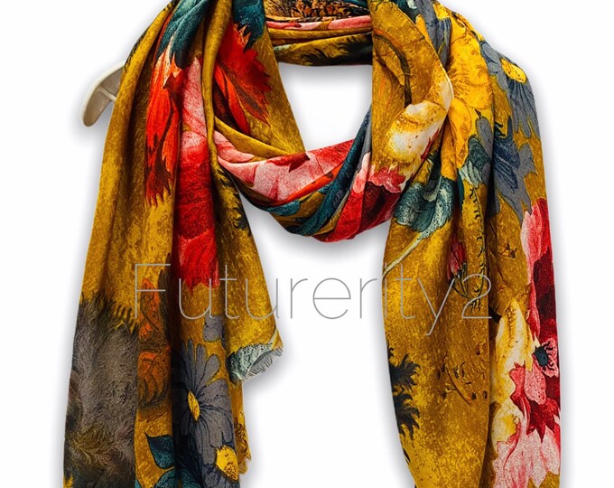 Autumn Moth Collage Silk Crepe Satin Scarf in Wonderful Autumnal Golds ...