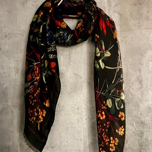 Multi Flowers Stem Black Cotton Scarf/spring Summer Autumn Scarf/gifts ...