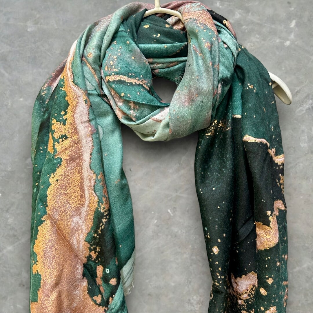 Abstract Pattern With Gold Accents Green Cotton Scarf/summer Autumn ...