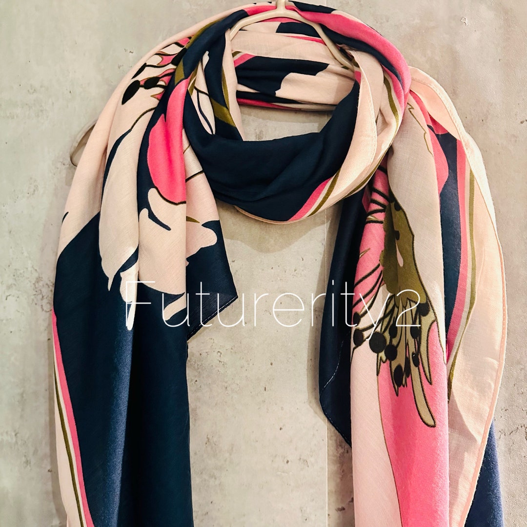 ECO Friendly Huge Sketched Peony Flowers Organic Cotton Pink Blue Scarf ...