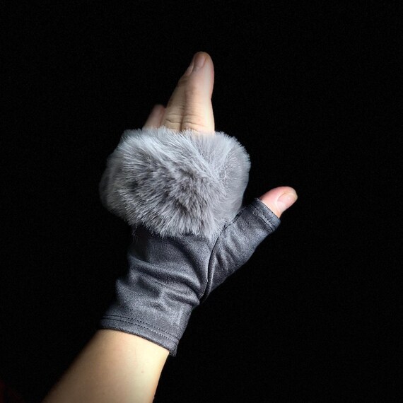 Grey Suede Fingerless Gloves With Faux Fur Details winter Gloves women Gloves great Gifts for Mom her birthday and Christmas Etsy UK