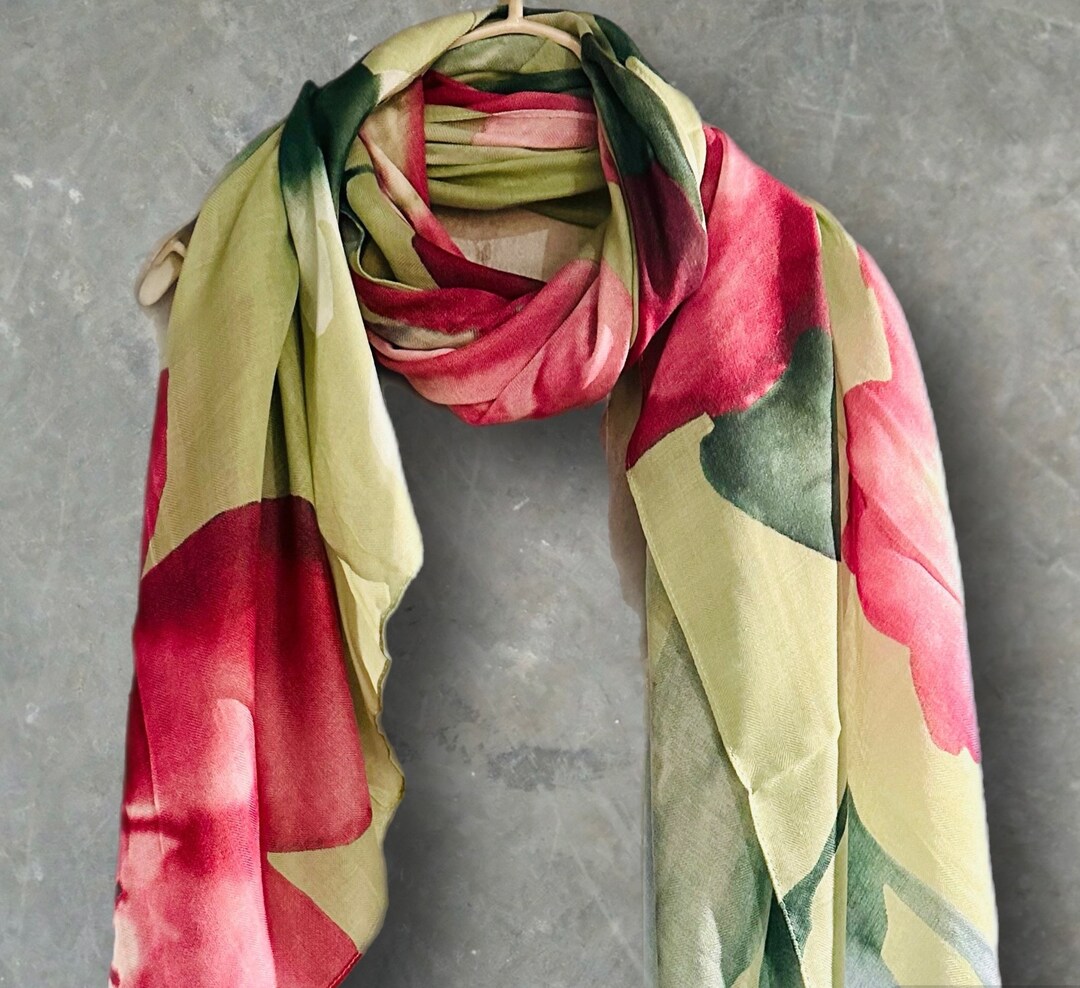 ECO Friendly Scarf Huge Flower Leaf Green Red Blue Organic Cotton Scarf ...