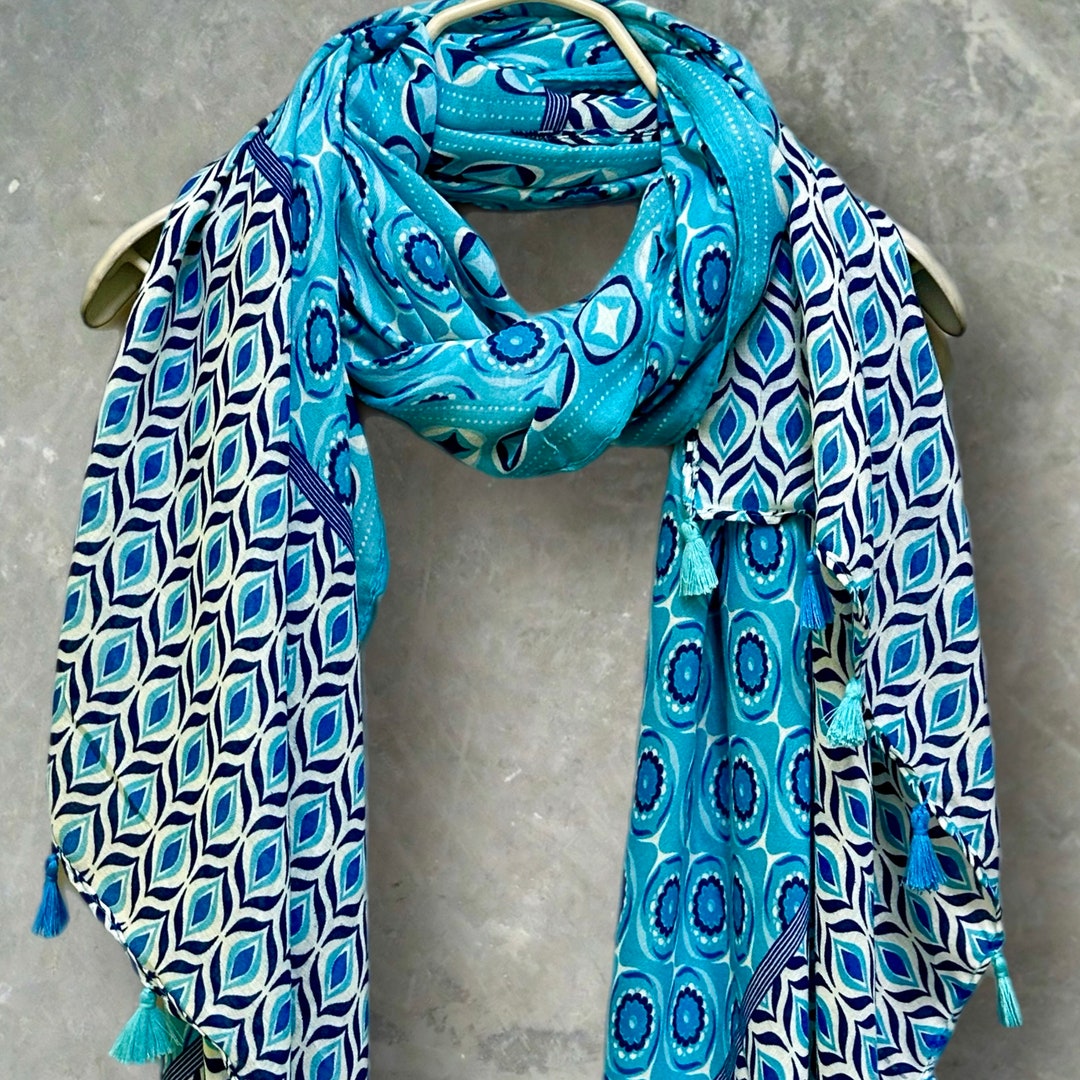 Blue Moroccan-inspired Geometric Pattern Scarf With Tassels,great Gifts ...