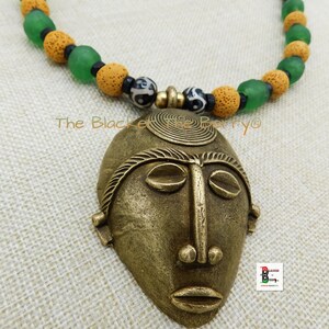 Large African Mask Necklace Jewelry Afrocentric Tribal Green Yellow ...