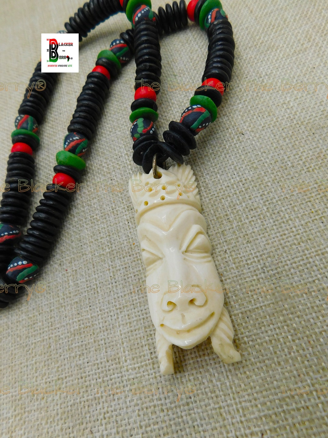African Bone Necklace RBG Pan African Mask Beaded Jewelry Handmade Men ...