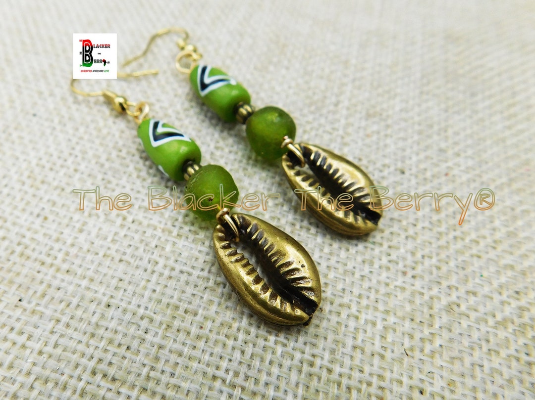 Cowrie Shell Earrings Bronze Metal Beaded Green African Ethnic ...