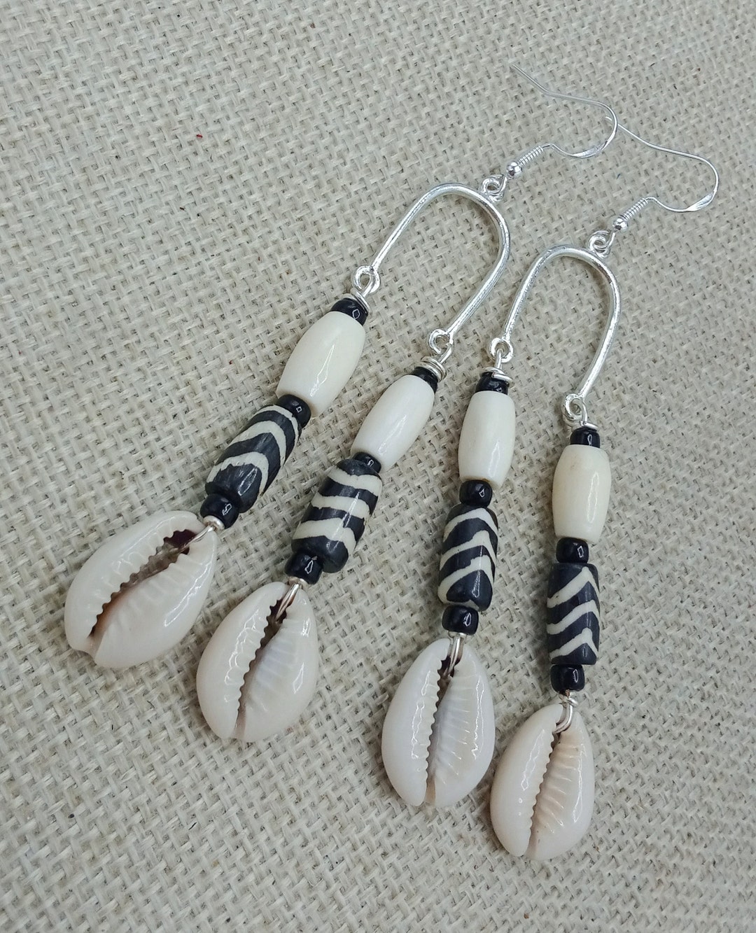 Silver Earrings Cowrie Shell Jewelry Beaded African Ethnic Black White ...