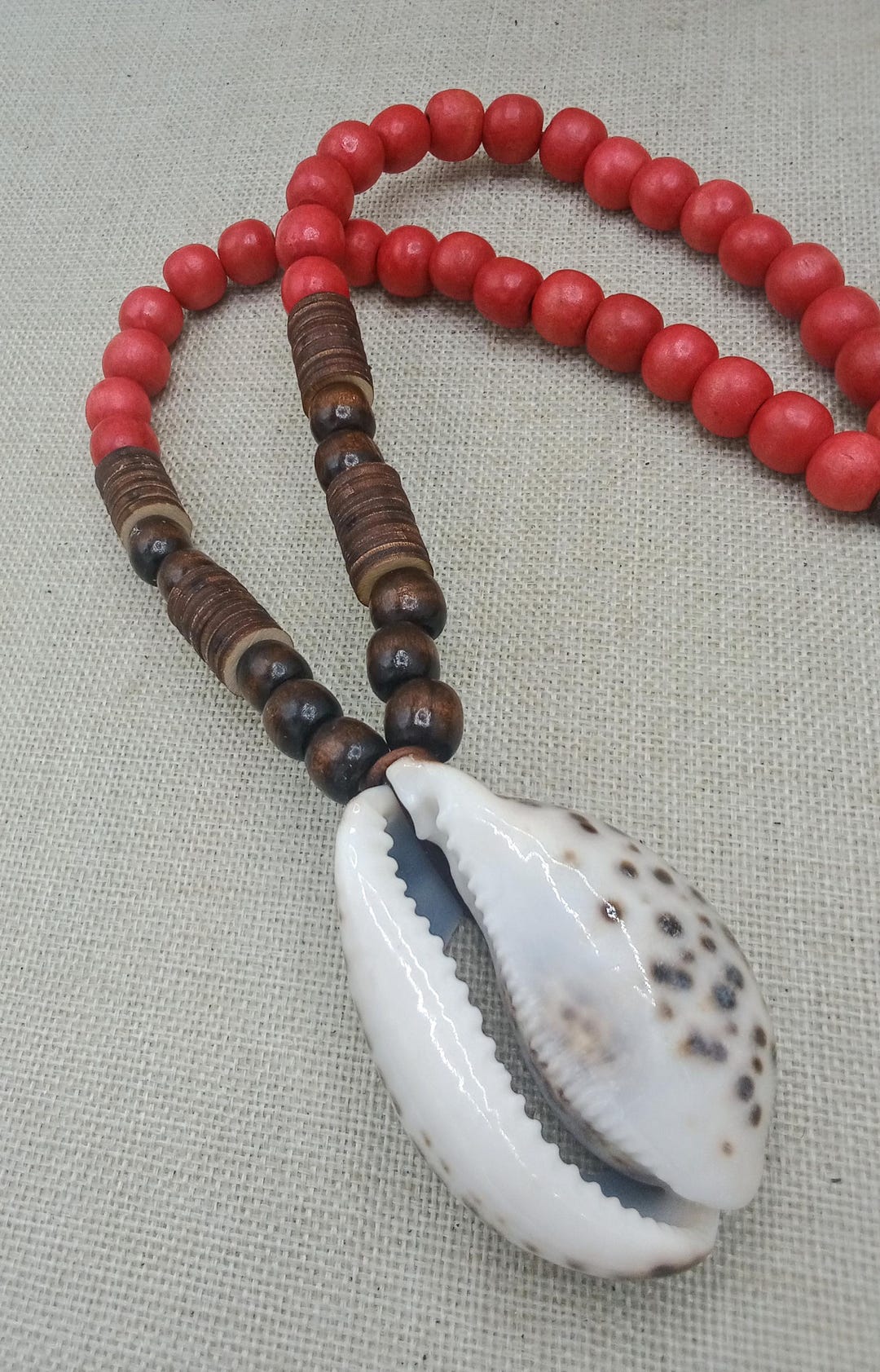 Large Men Necklace Pendant Cowrie Shell Wooden Beaded Light Red Brown ...