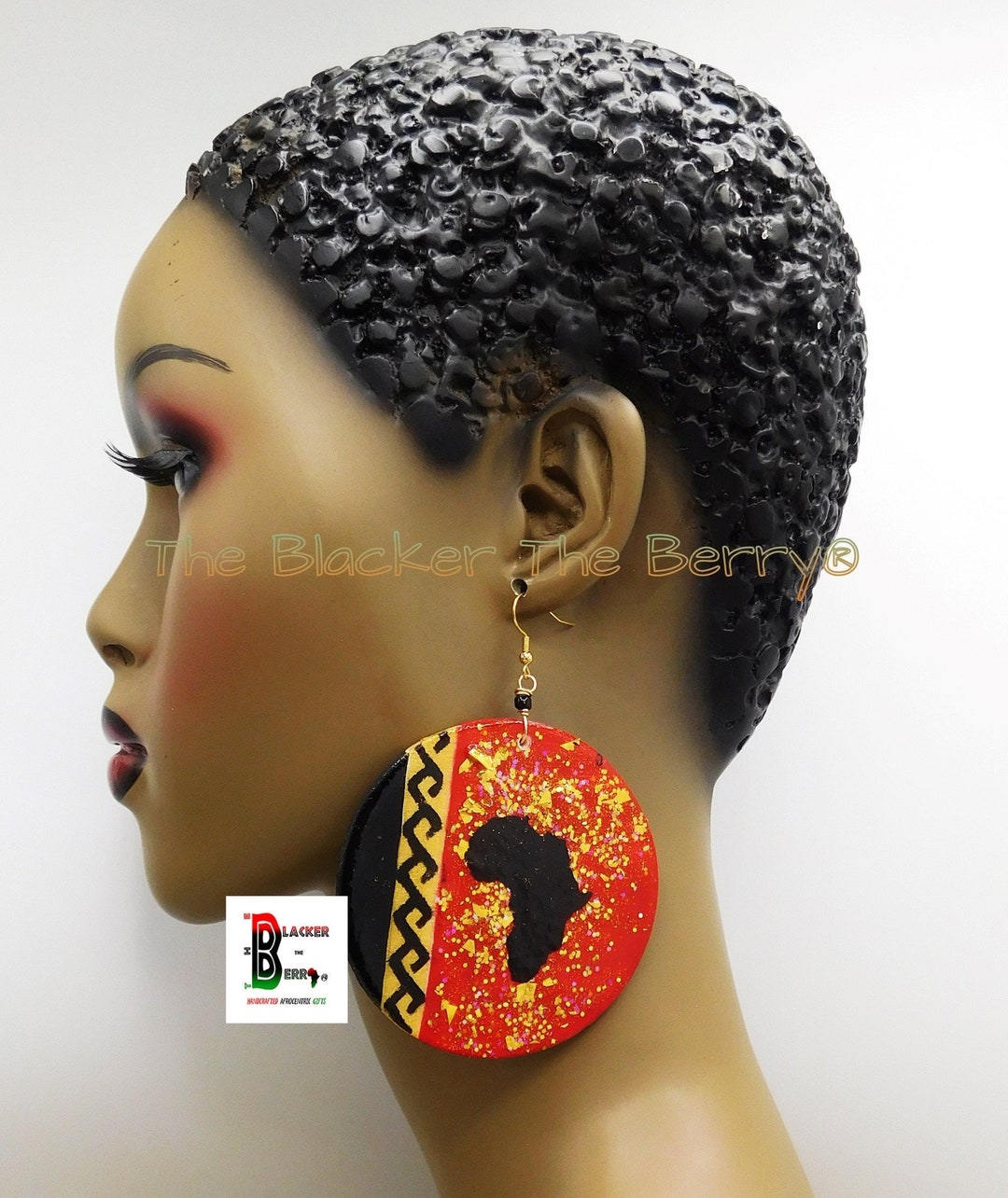 Africa Earrings Large Round Gold Black Red Wooden Jewelry Handmade Hand ...