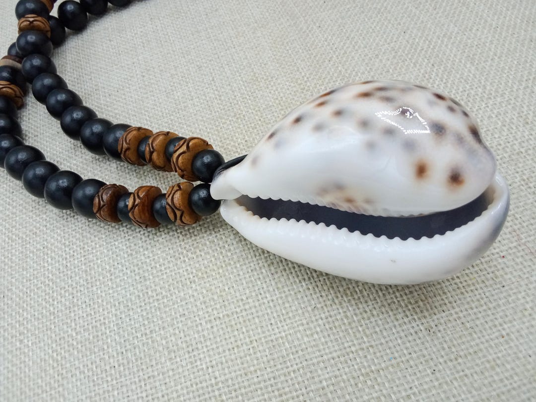 Large Cowrie Shell Necklace Black Brown Wooden Men Gift for Him Beaded ...