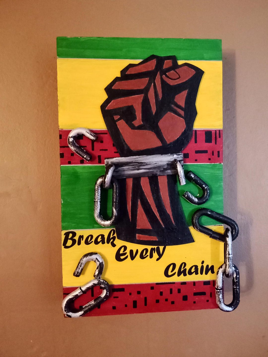 Wood Art Red Yellow Green Handmade Hand Painted Black Power Fist Chains ...