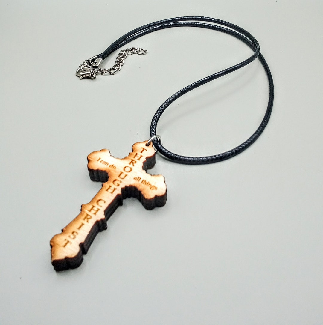 Wooden Cross I Can Do All Things Through Christ Necklace Gift Jewelry ...