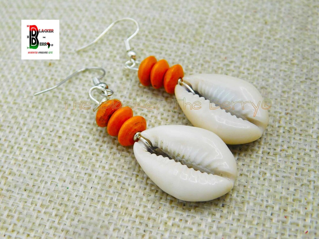 African Cowrie Shell Earrings Orange Beaded Gift for Her Dangle Women ...