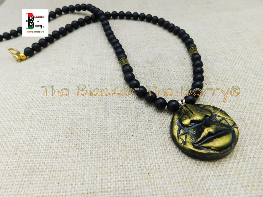 Tribal Jewelry African Mask Pendant Clay African Men Necklace Gold Tone ...