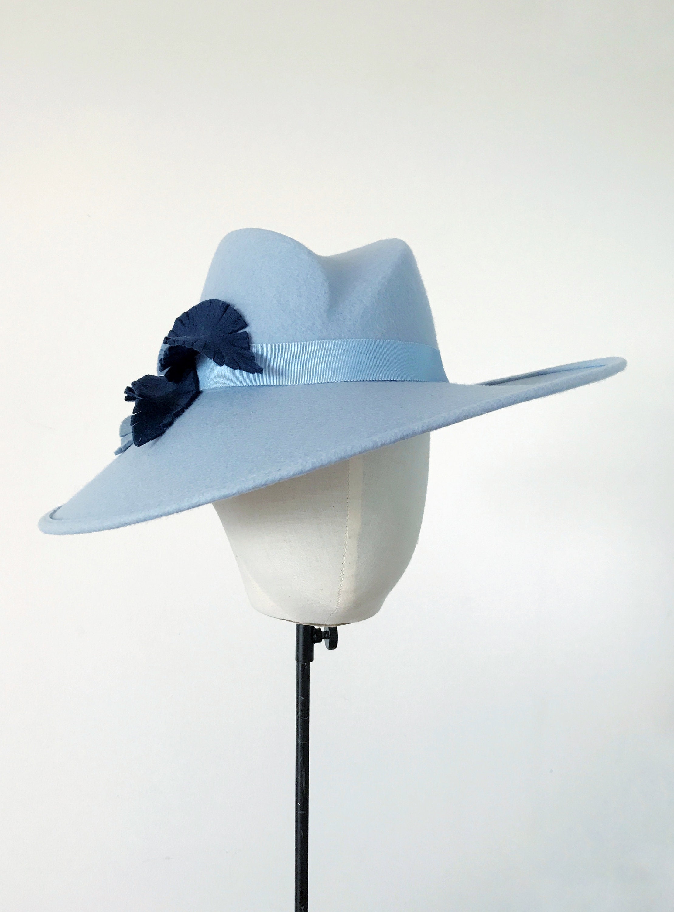 Blue Wool Felt Wide Brim Hat, Winter Woman Accessory Decorated With ...