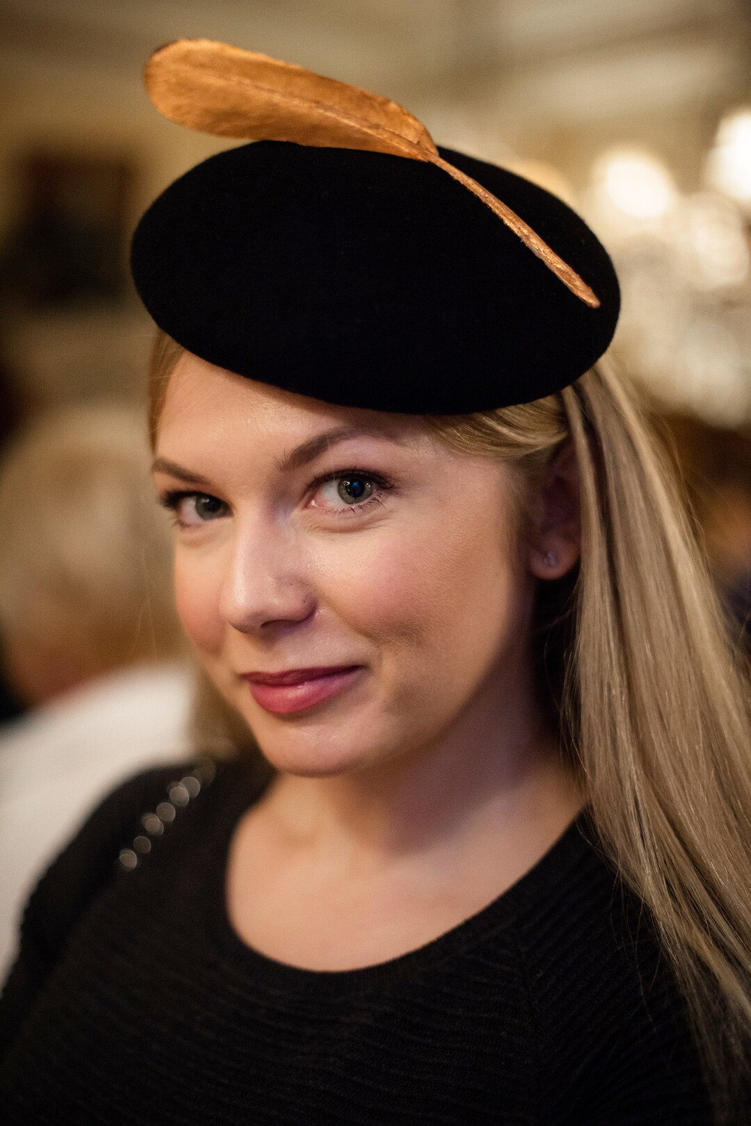 Wool Felt BERET Hat Decorated With Gold Feather, Handcrafted Bespoke ...