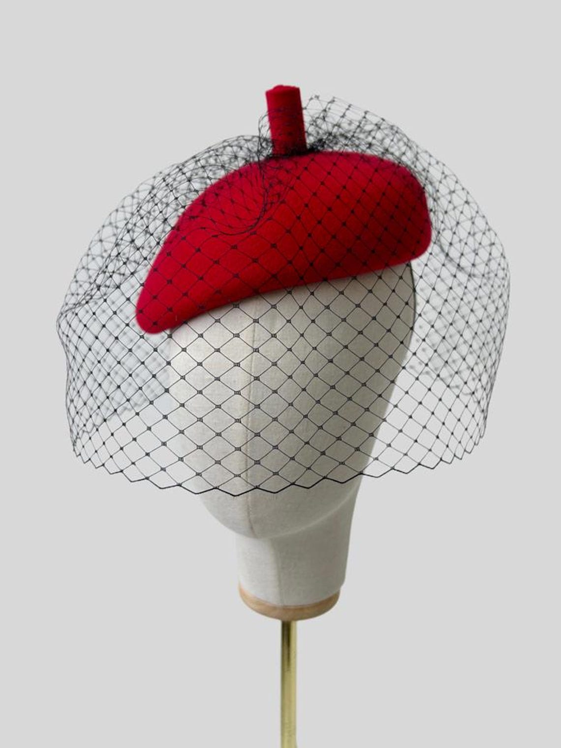 Red Felt Beret Hat With Veiling, Designer Handmade Women's Fashion ...