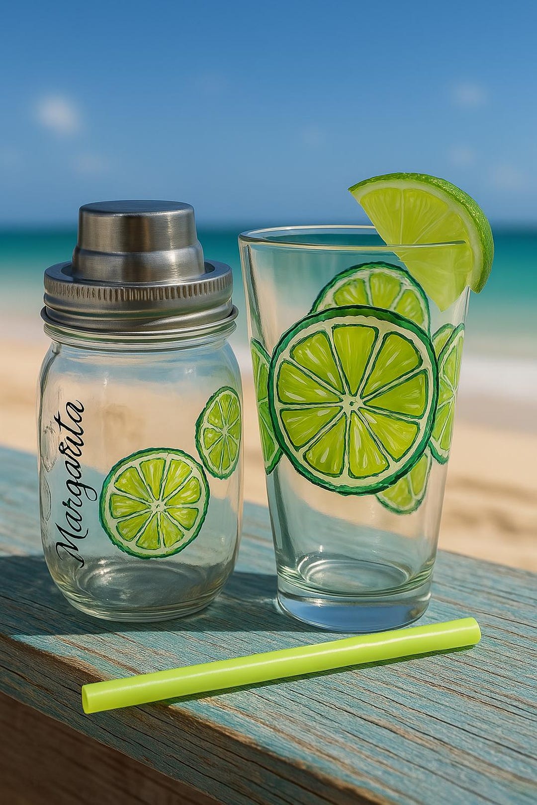 Cocktail Drink Shaker & Glass, Hand Painted, Margarita, Shaken Not ...