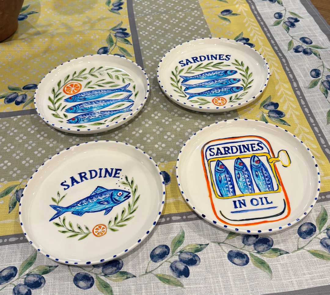 Plates, Sardine, Hand Painted, Set of 4, Mediterranean Ceramic Decor - Etsy