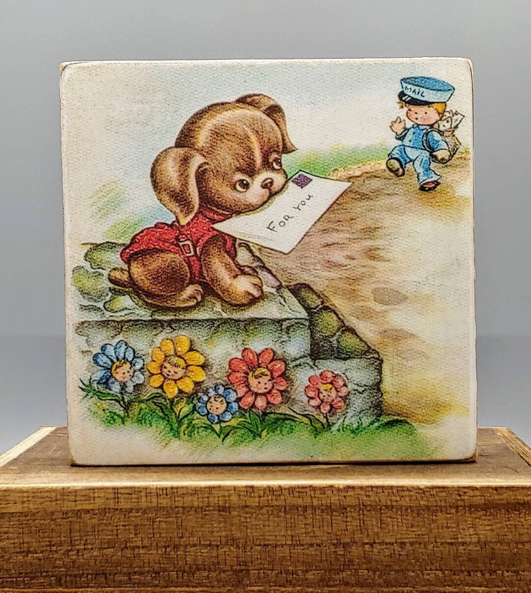 Handmade Vintage Style Puppy and Mailman Wood Block Sign/ Shelf Sitter ...