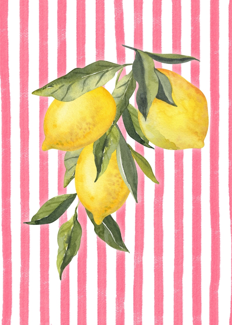 Art de citron imprimable - Branche de citron aquarelle sur rayures ...