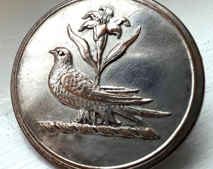 27mm Antique Livery Picture Button~bird W/lily Flower~silver Plated ...