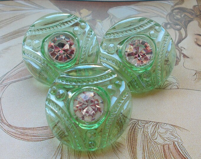 3 Vintage Czech Glass Rhinestone Buttons Green Depression Glass Sparkly ...