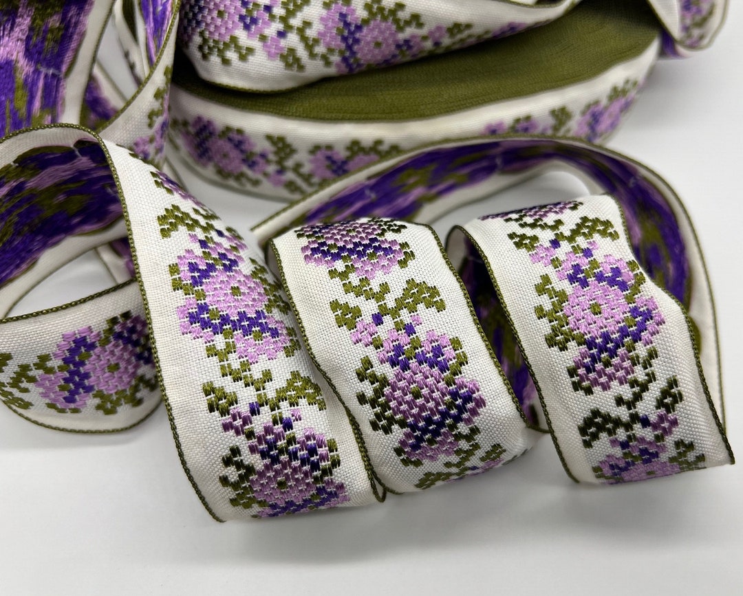 VINTAGE Floral Embroidered Cross Stitch Jacquard Ribbon Trimlilac ...