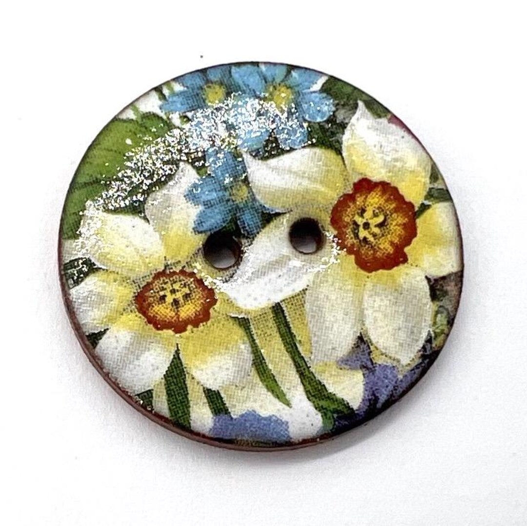 Handmade Ceramic Button W/daffodil & Blue Forget Me Not Flowers ~ 1 ...