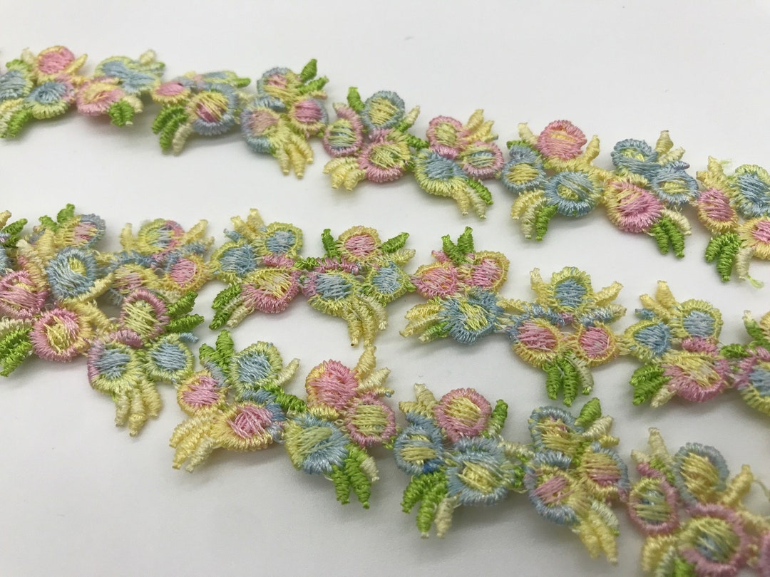 Rococo Floral Rose Trim, Pink Mauve Rose, Blue Yellow Embroidered ...