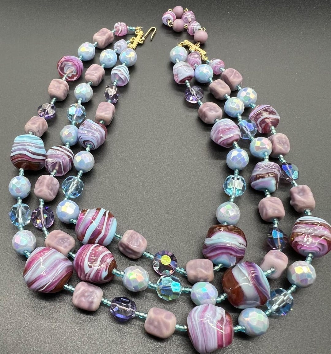 Stunning Vintage Art Slag Glass & Crystal 3 Layered Beaded Necklace ...