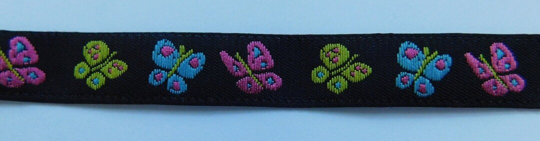12mm Narrow Jacquard Ribbon Trimbutterflyblue Yellow Pink on Blackdoll ...