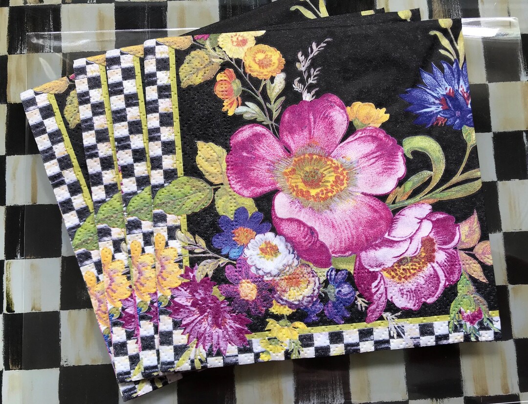 4 SINGLE Individual Mackenzie Childs Black Flower Market / Cocktail ...