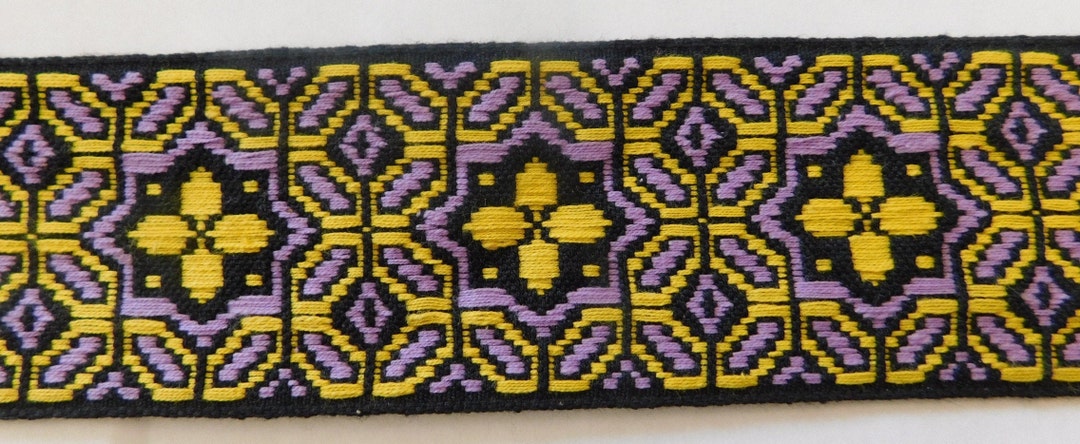 Vintage 2" Jacquard Ribbon Trim: Geometric Floral, Purple & Yellow - Etsy