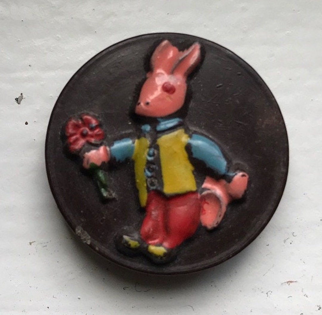 Vintage Brown Casein Plastic Button ~ 13/16" Hand Painted Bunny HARE ...