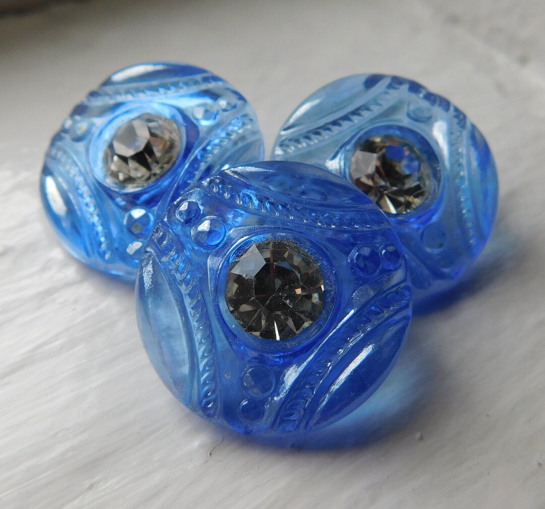 3 Vintage Czech Glass Rhinestone Buttons Blue Depression Glass Sparkly ...