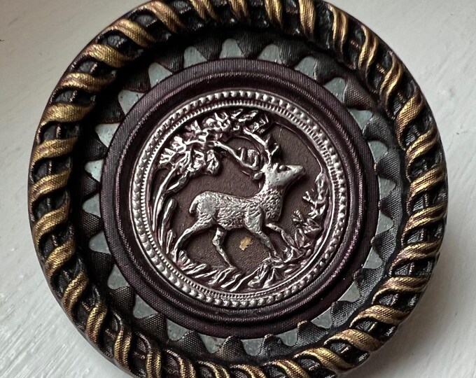 Antique Collectible Brass Picture Button W/tin Liner~"deer in the ...